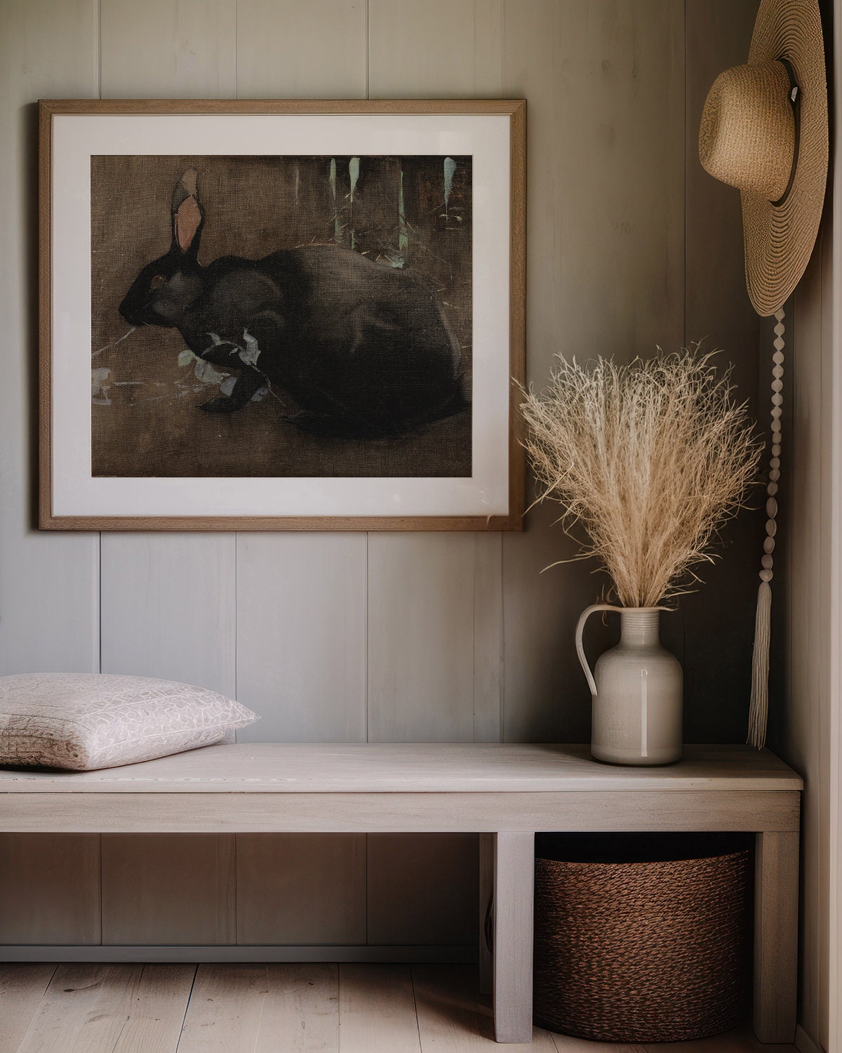 Vintage Black Rabbit Painting Cottagecore Aesthetic Printable Art, Pink ...