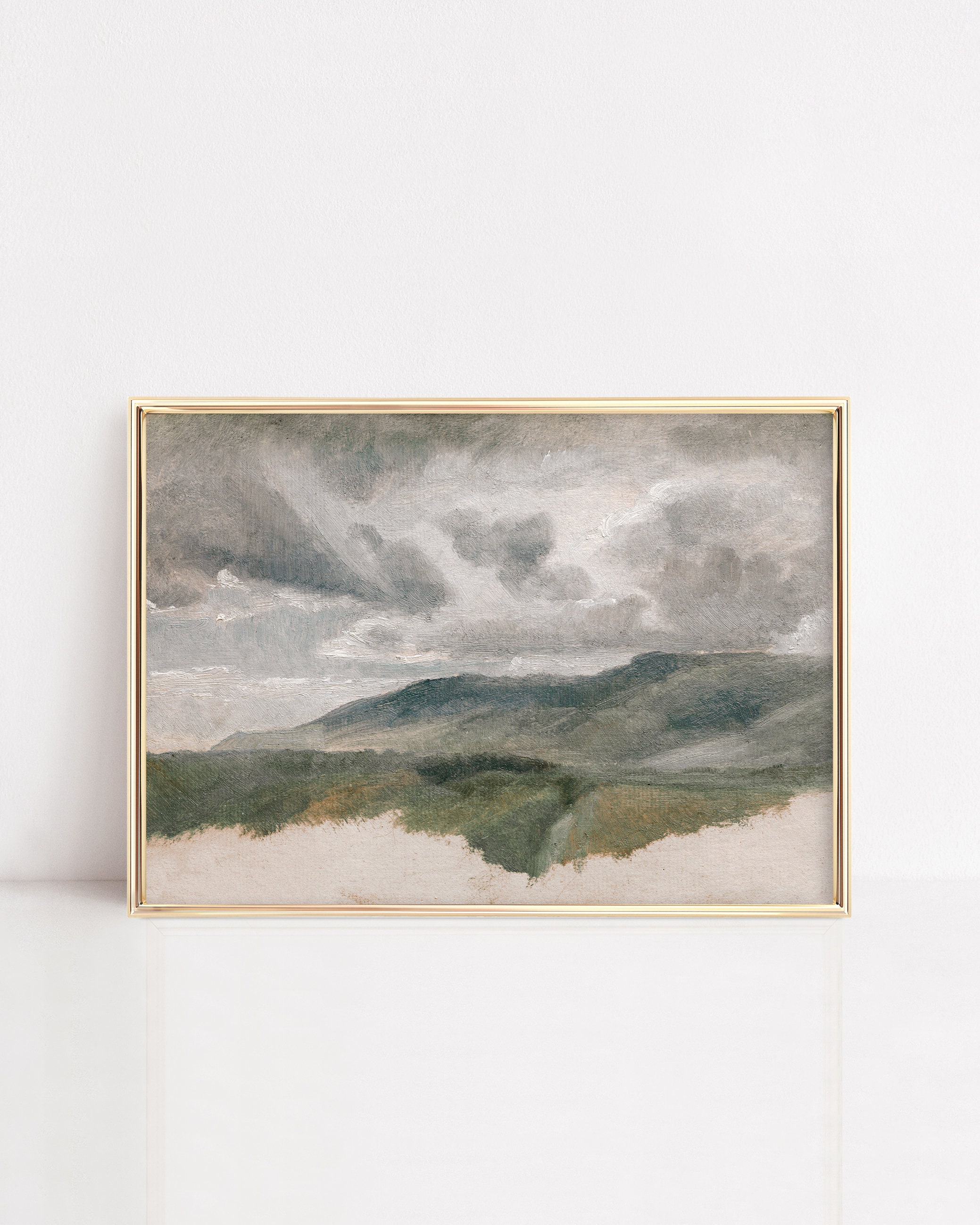Mountain View Painting, Vintage Landscape With Rolling Hills and Cloudy ...