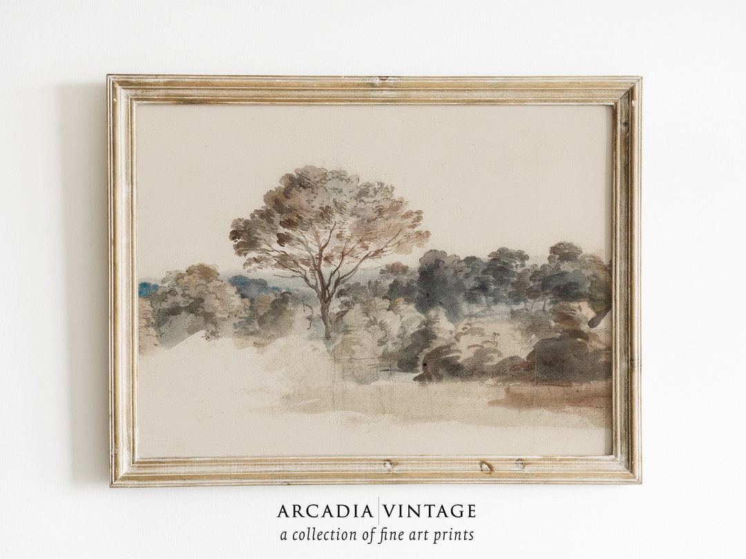 Vintage Watercolor Landscape Painting Rustic Country Art Print Muted ...
