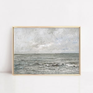 Vintage Seascape Painting, Ocean Waves Art Print, Cloudy Sky & Blue ...