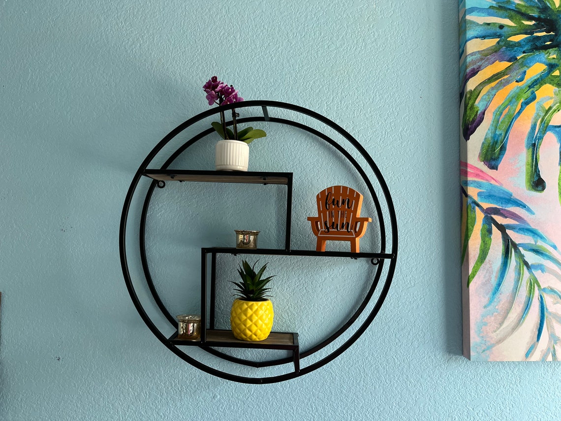 23 Mounted Iron Circle Hanging Storage Shelving Floating Shelf 3 Tier ...