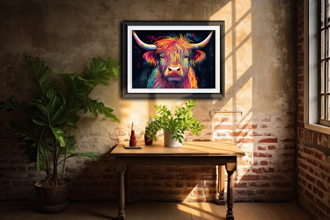 Vibrant Neon Painted Highland Cow - Digital Print Download for Bold and ...