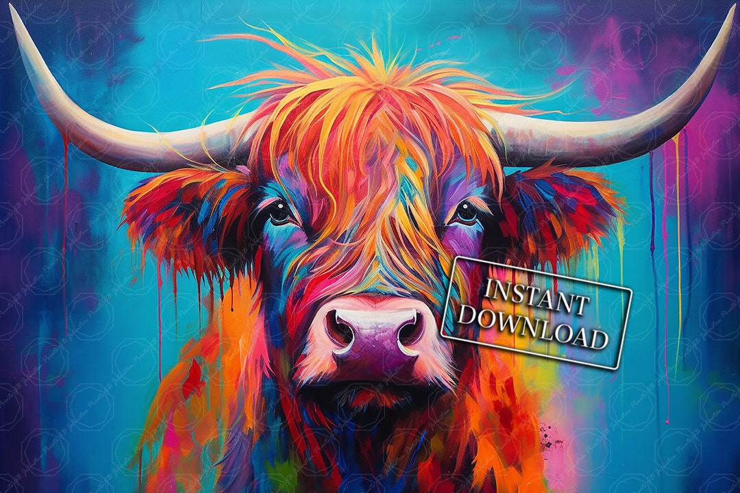 Vibrant Neon Painted Highland Cow - Digital Print Download for Bold and ...