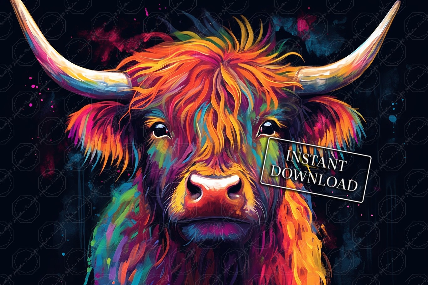 Vibrant Neon Painted Highland Cow - Digital Print Download for Bold and ...