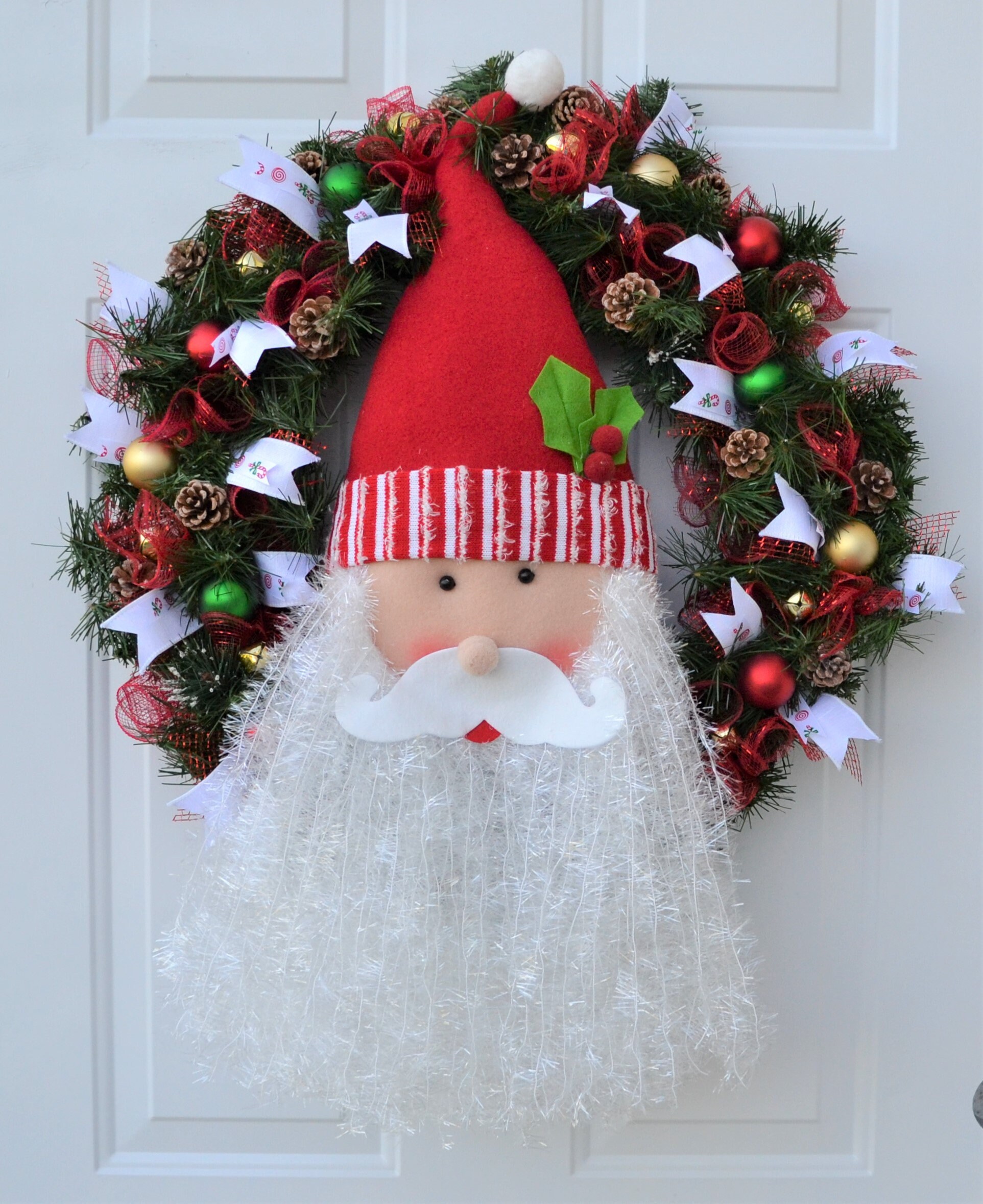 Santa Pine Mesh Christmas Wreath, Santa Head Decor, Pinecone Christmas ...