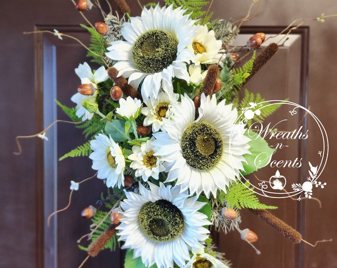 White Sunflower Swag, Cattails and Acorns Wreath, Summer and Fall ...