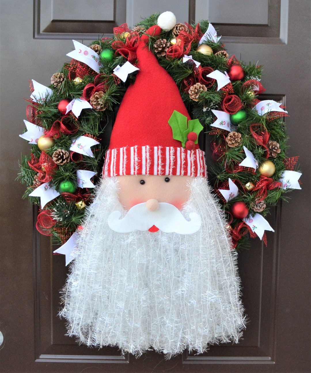 Santa Pine Mesh Christmas Wreath, Santa Head Decor, Pinecone Christmas ...