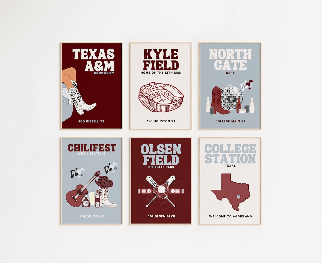 Maroon and White Texas A&M Set of 6 Prints College Station Texas TAMU ...