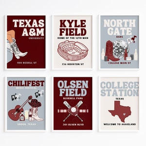 Maroon and White Texas A&M Set of 6 Prints College Station Texas TAMU ...