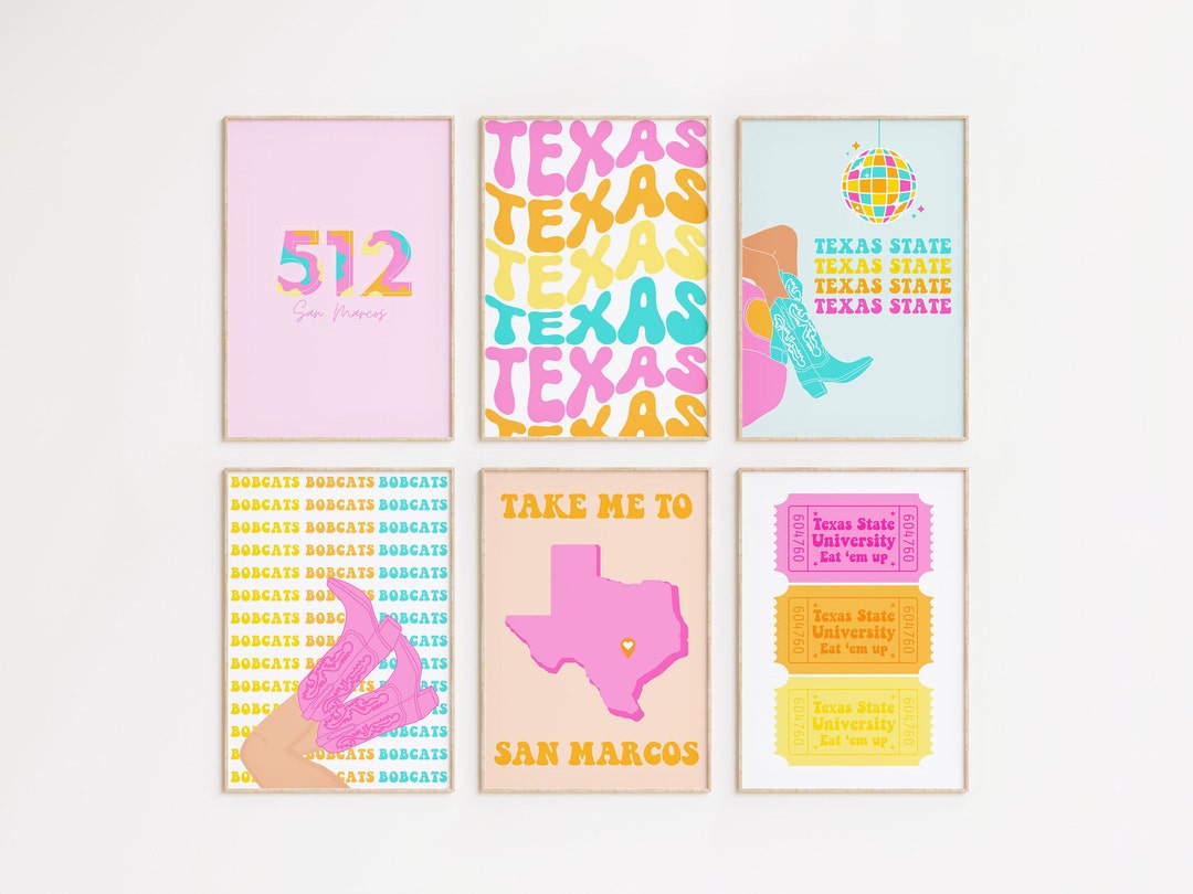 Texas State Colorful Set of 6 Posters TXST Digital Art San Marcos Wall ...