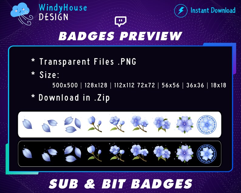 Cute Blue Pastel Cherry Blossom, Sakura Twitch Sub Badges, Bit Badges ...