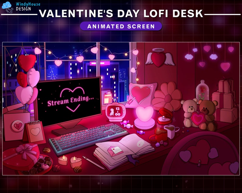 Animated Cozy Aesthetic Pink Lo-fi Desk Stream Screens, Valentine ...