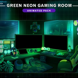 Animated Retro Neon Green Game Room Twitch Full Package, Cozy PC Room ...