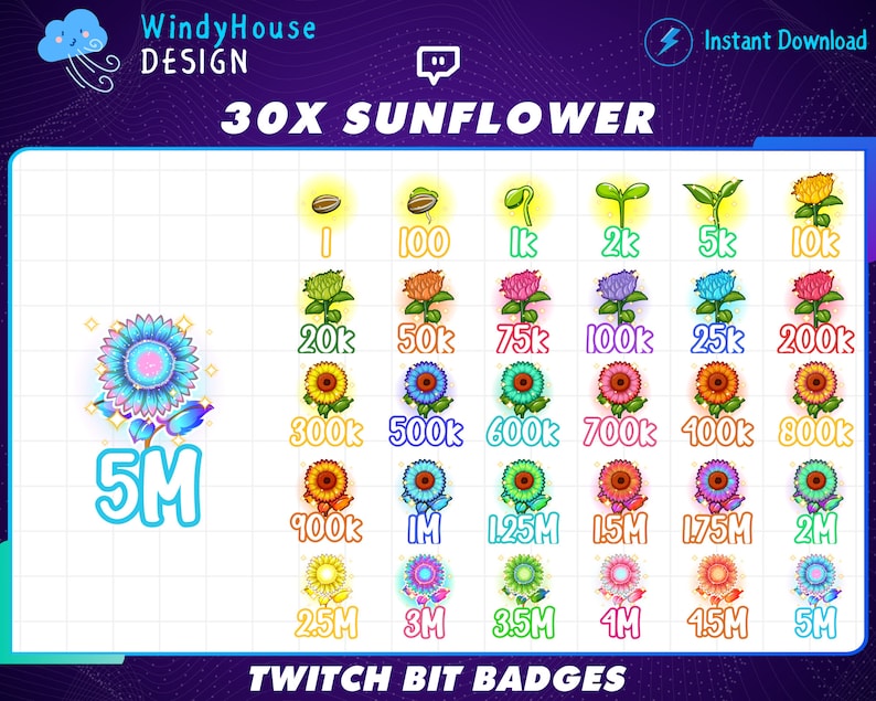 Set of 30 Colorful Sunflower Twitch Bit Badges, Kawaii Flower Sub ...