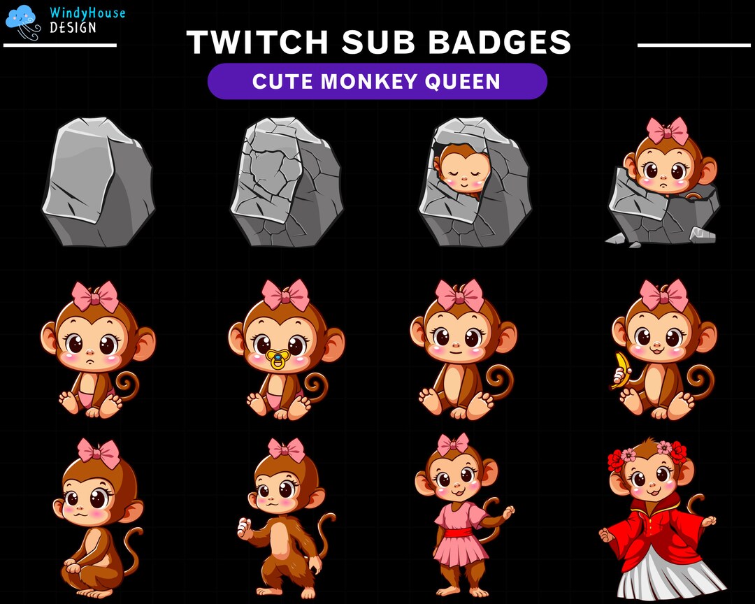 Cute Monkey Queen Twitch Sub Badges/ Monkey Twitch Sub Badges Set ...