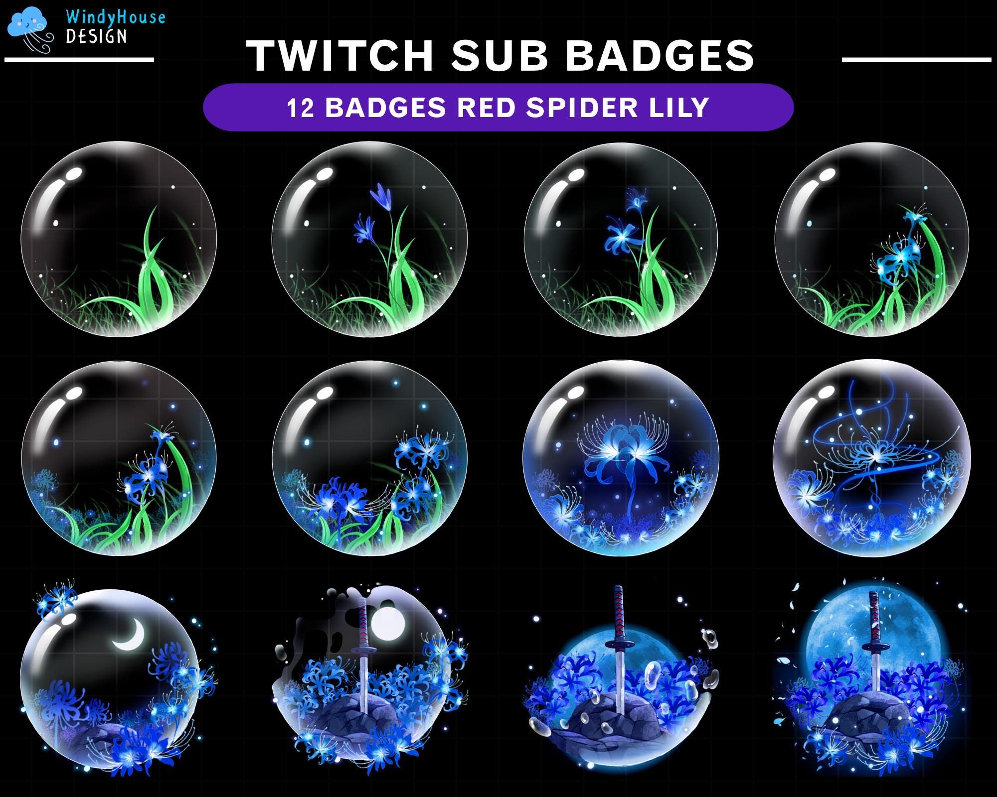 COMBO Red & Blue Spider Lily Twitch Badges, Katana Anime Set, Mystic ...