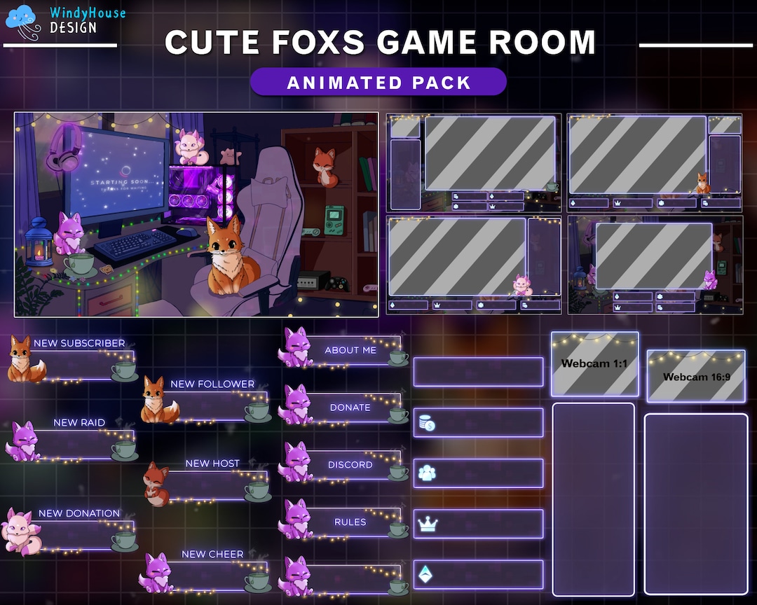 Animated Twitch Overlay Cute Fox Game Room, Animated Stream Package Lo ...