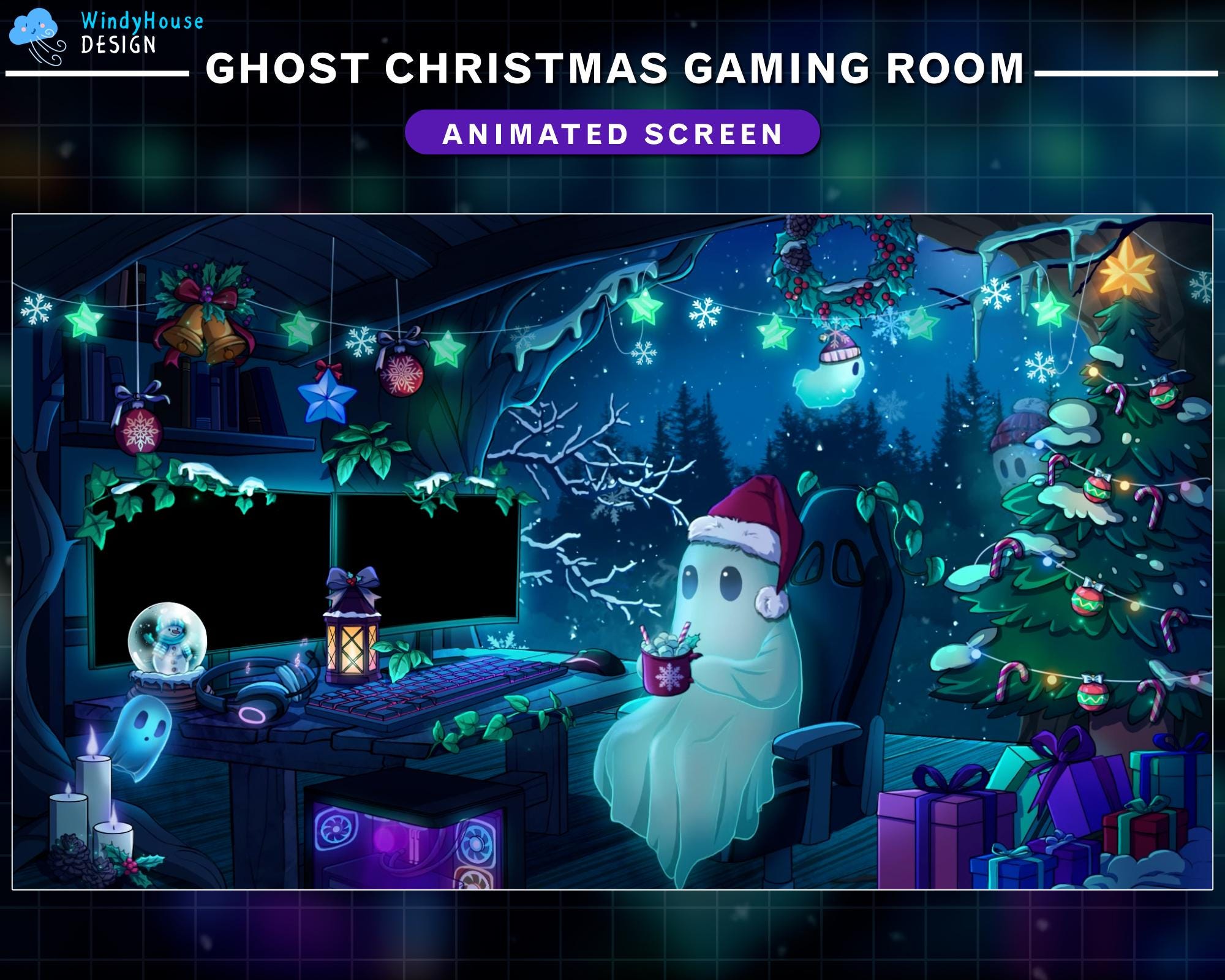 Animated Ghost Christmas Stream Screens, Cozy Winter Room Twitch ...