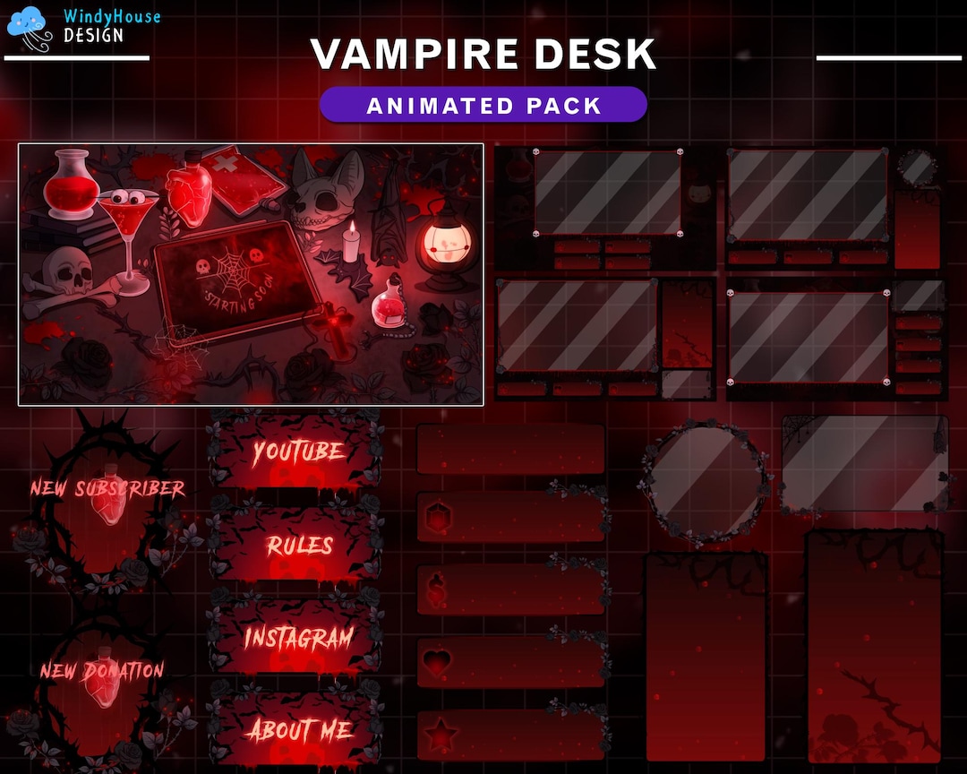 Animated Halloween Vampire Desk Stream Package, Gothic Twitch Overlay ...