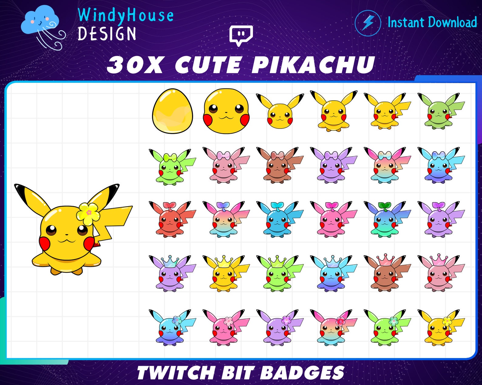 30x Pikachu Bit Badges / Pokemon Twitch Bit Badges Set/ Twitch Tier ...