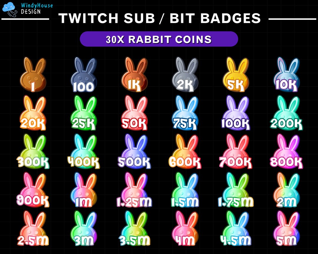 30x Colorful Rabbit Coins Twitch Bit Badges, Bunny Bit Badges Set ...