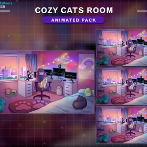Animated Stream Package Cozy Cats Room , Cozy Bedroom Twitch Overlay ...