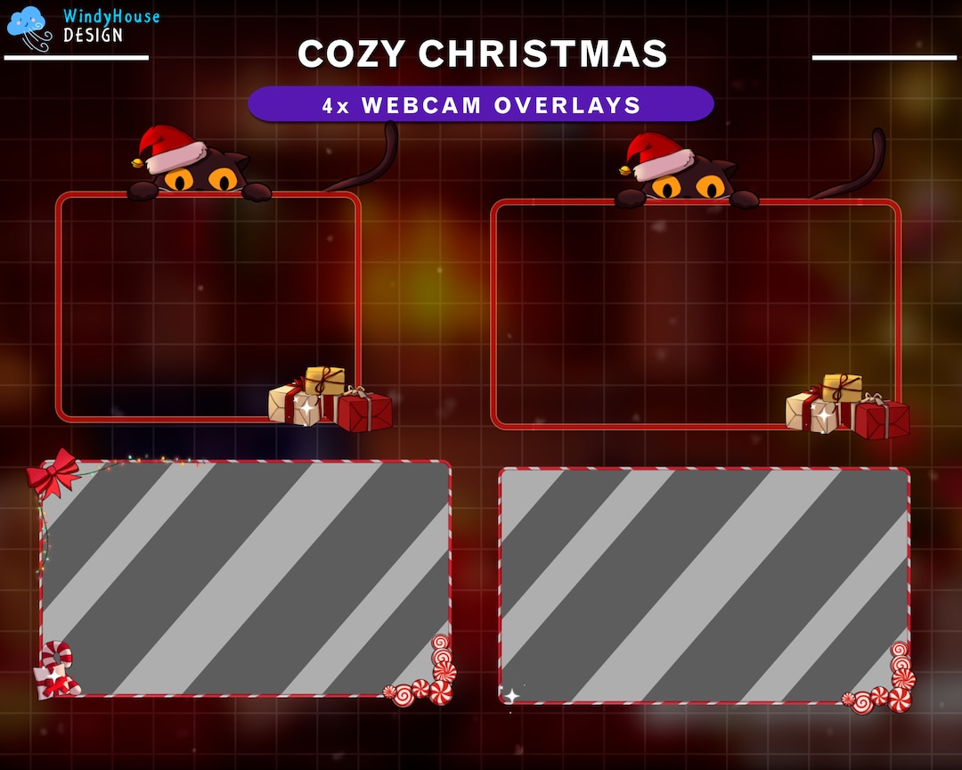 4x Animated Christmas Webcam Overlays, Cute Black Cat Webcam Overlay ...