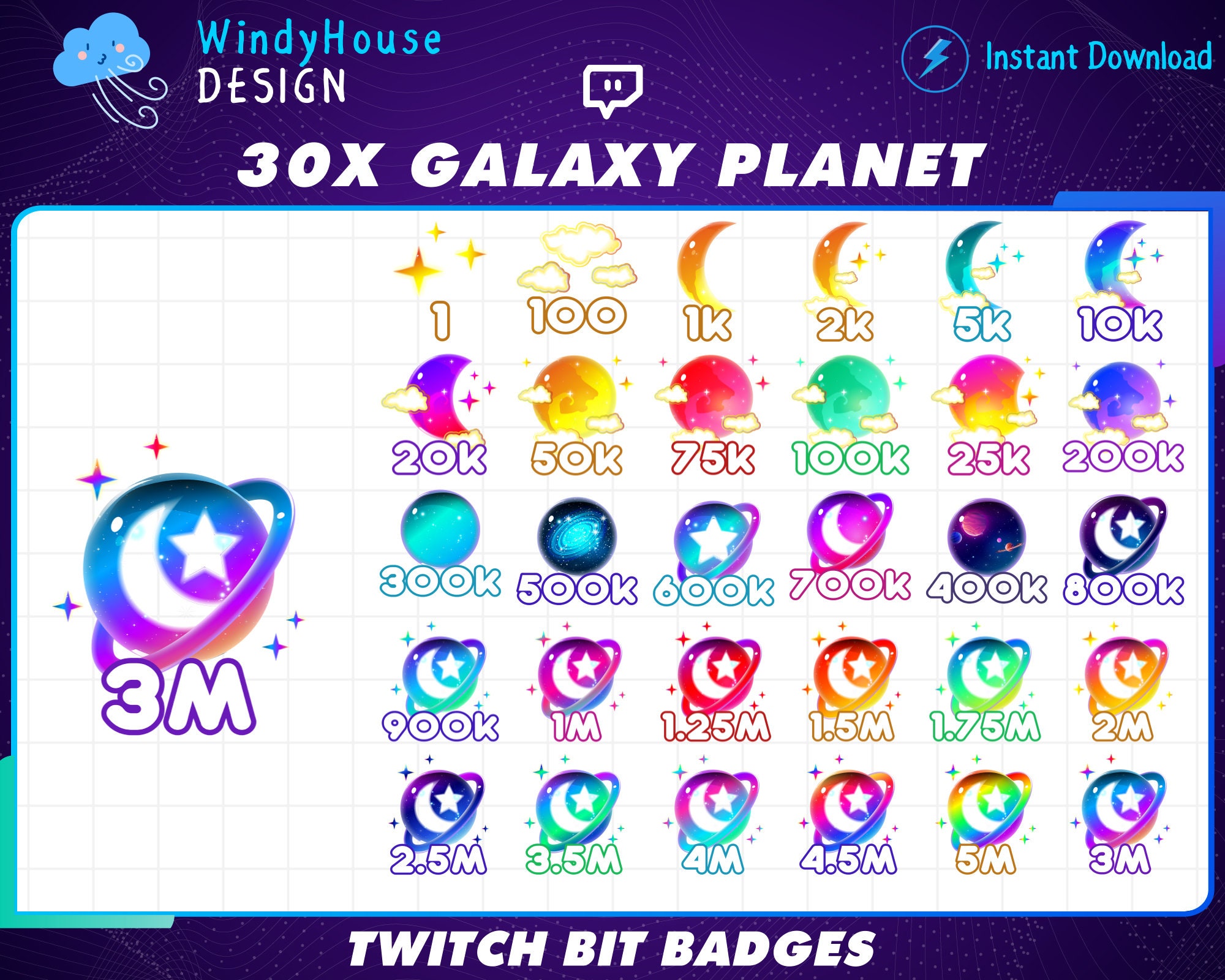 30x Galaxy Planets Twitch Bit Badges, Moon Sub Badges for Streamers ...