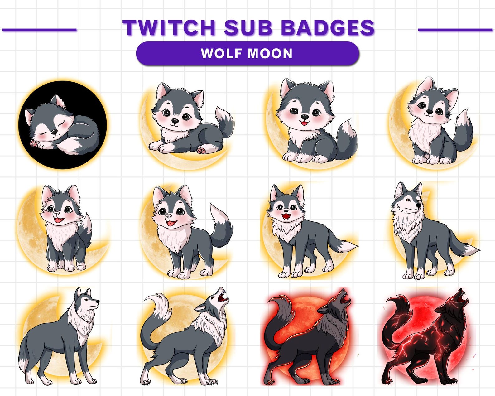 Wolf Moon Twitch Sub Badges/ Wolf Twitch Sub Badges Set/ Moon Twitch ...