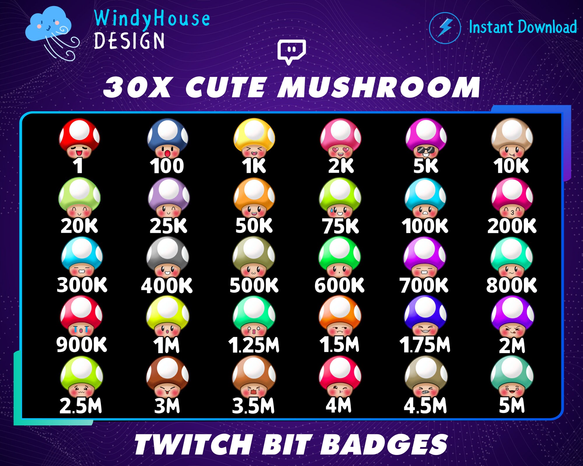30x Cute Mushroom Twitch Bit Badges, Cute Twitch Bit Badges Set, Twitch ...