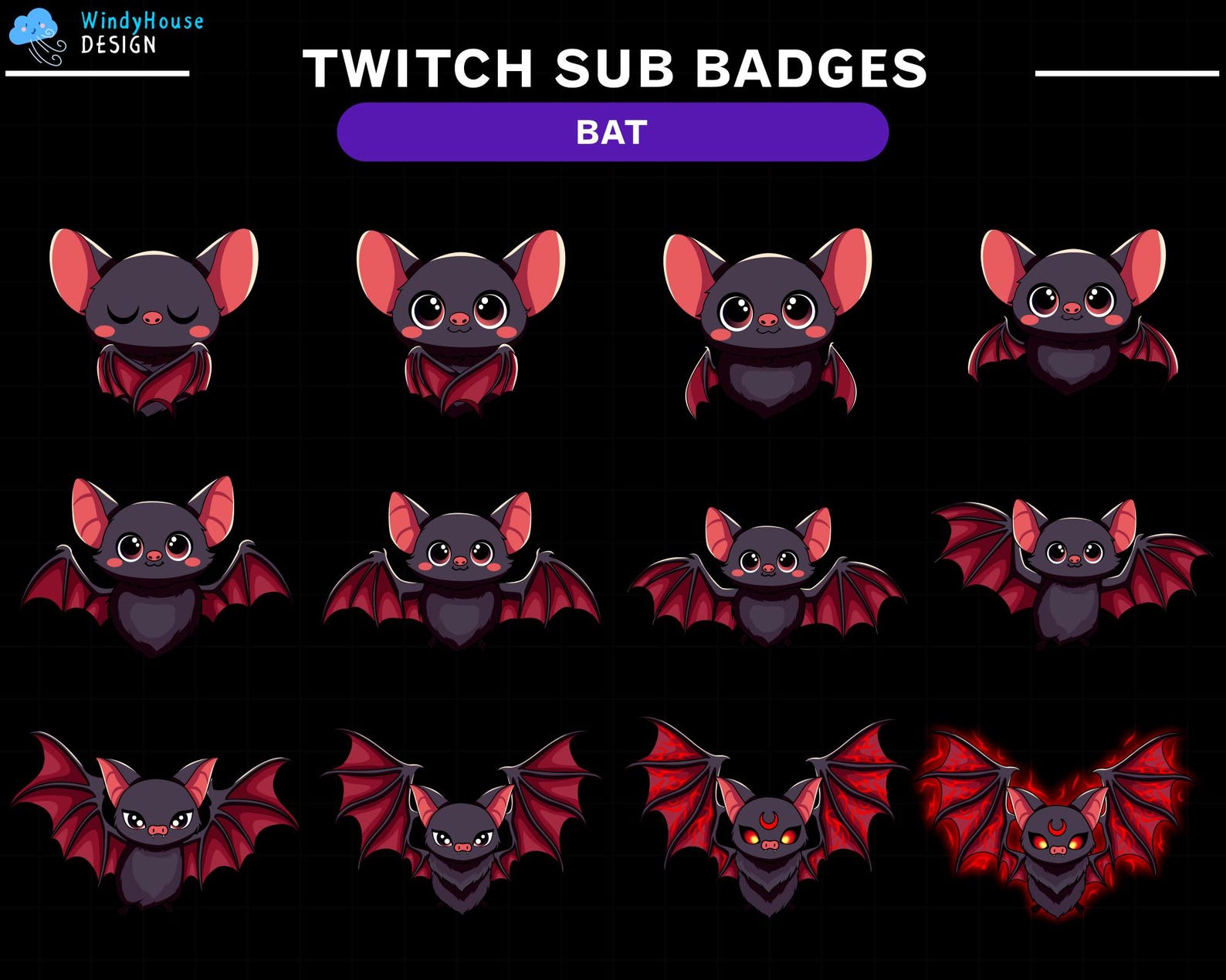 Devil Bat Twitch Sub Badges/ Bat Twitch Sub Badges Set/ Bat Twitch Bit ...