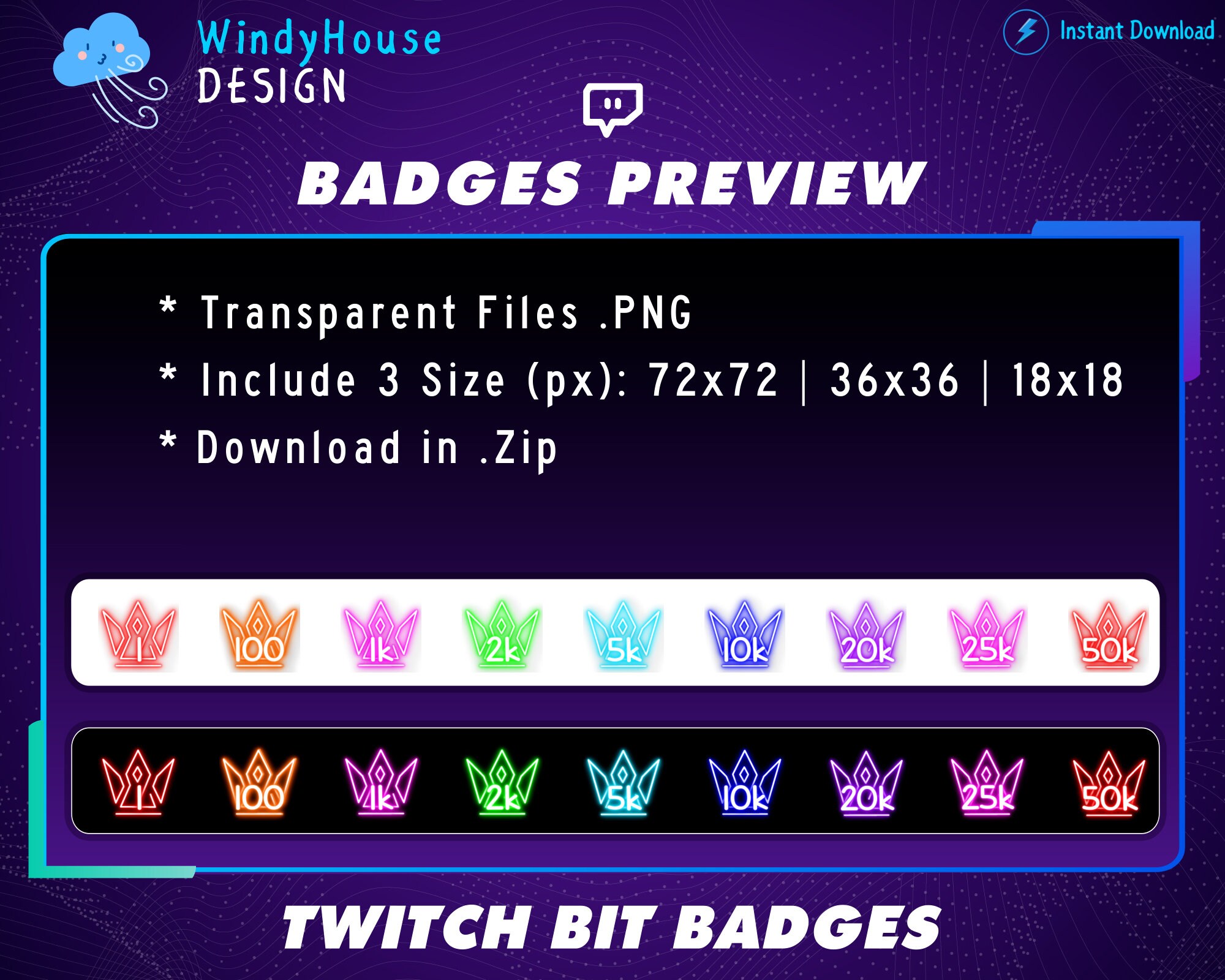 30x Neon Crown Twitch Bit Badges,diamond Crowns Bit Tier Badges, Number ...