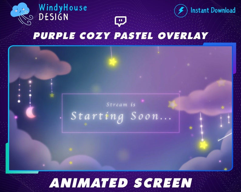 Animated Purple Cozy Pastel Twitch Overlay Stream Package, Galaxy Moon ...