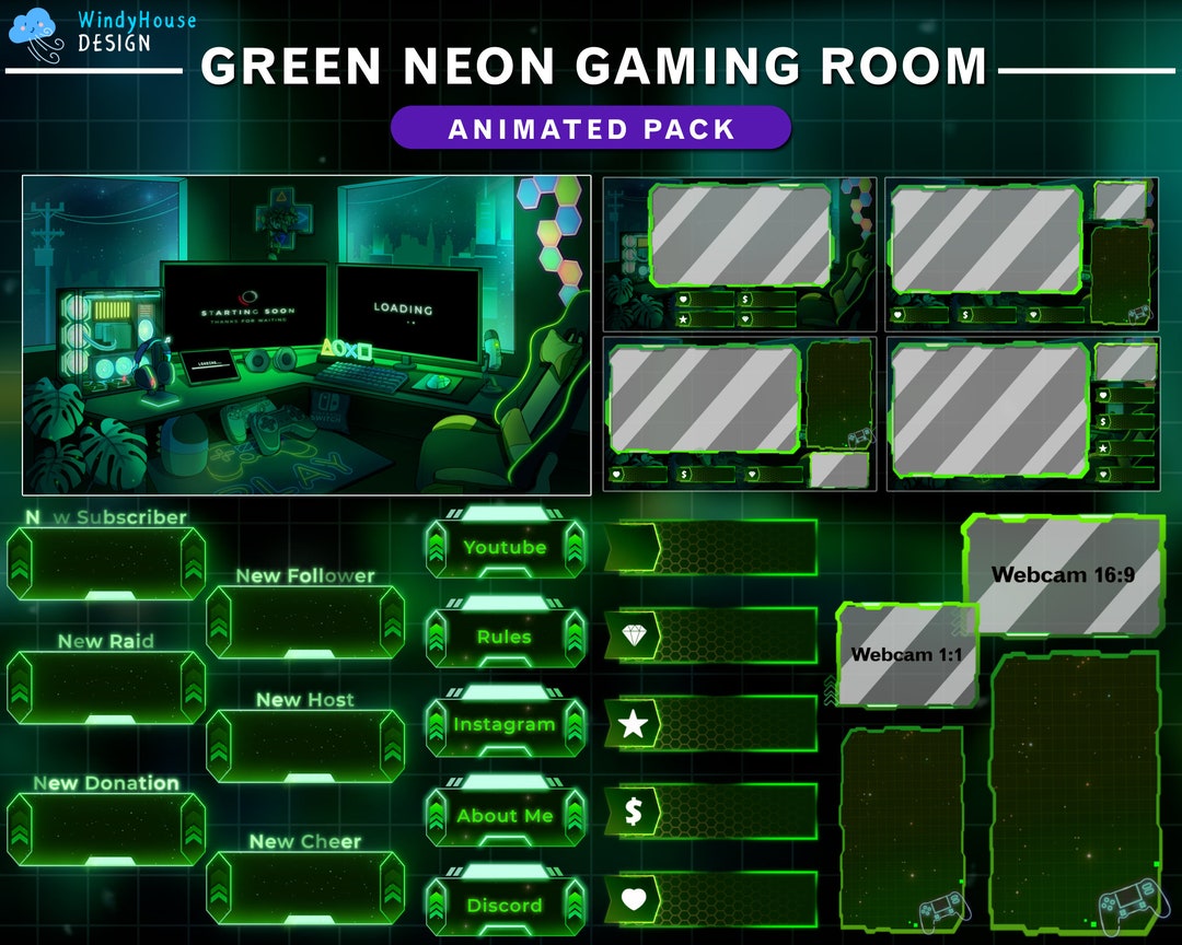 Animated Retro Neon Green Game Room Twitch Full Package, Cozy PC Room ...