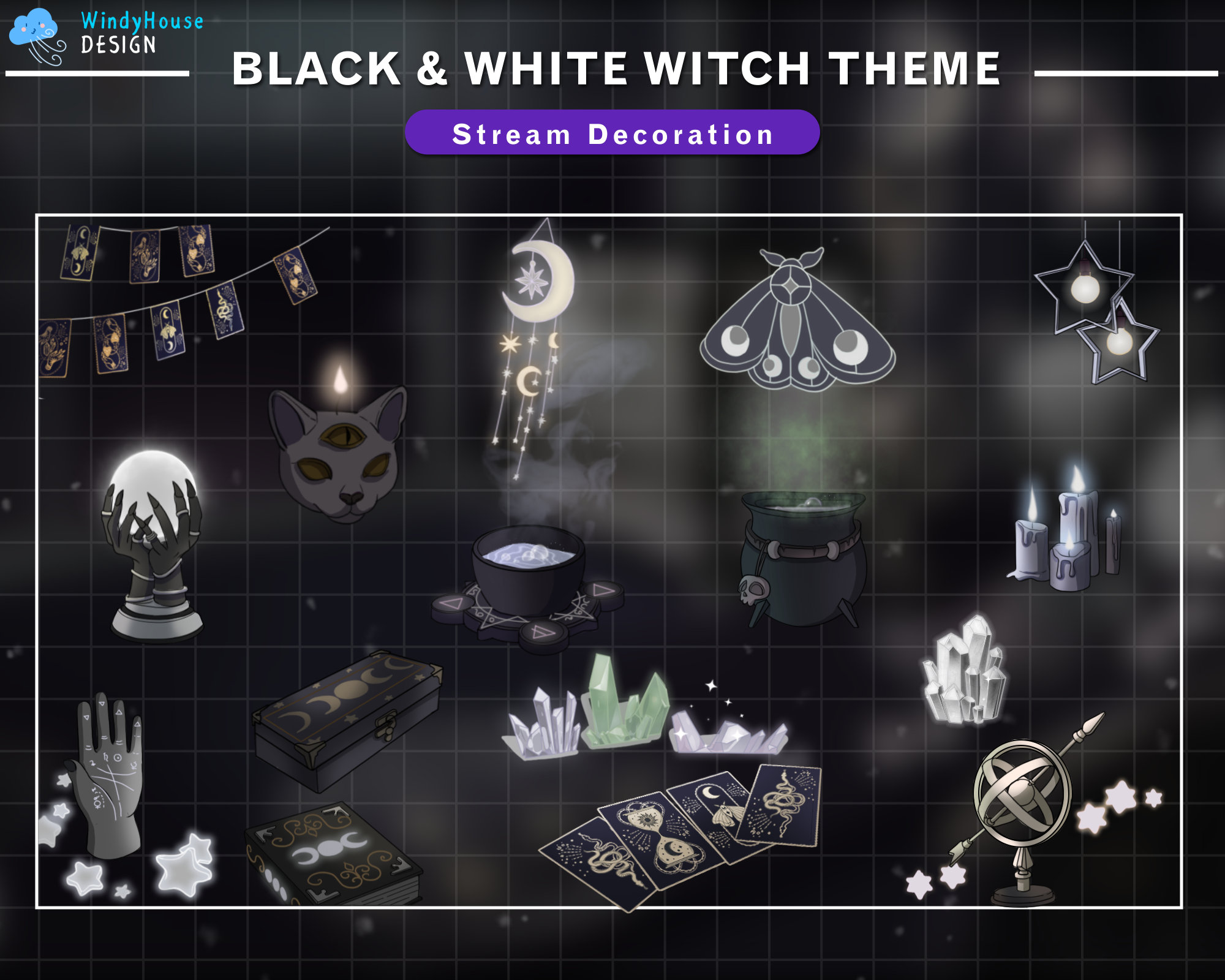 Animated Black White Witch Theme Stream Decoration, Goth Twitch Overlay ...