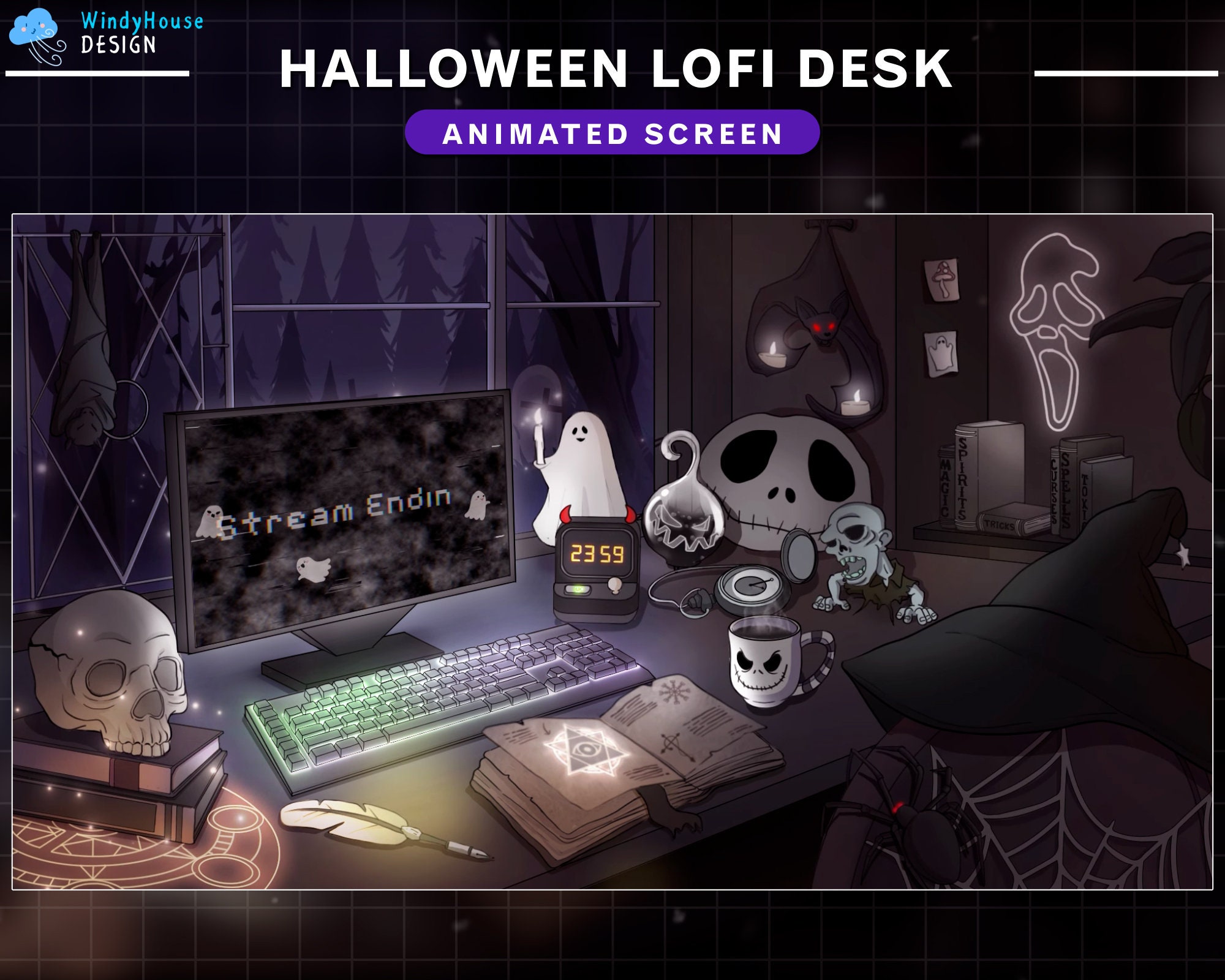 Animated Twitch Screens Halloween Lofi Desk Black & White Theme ...