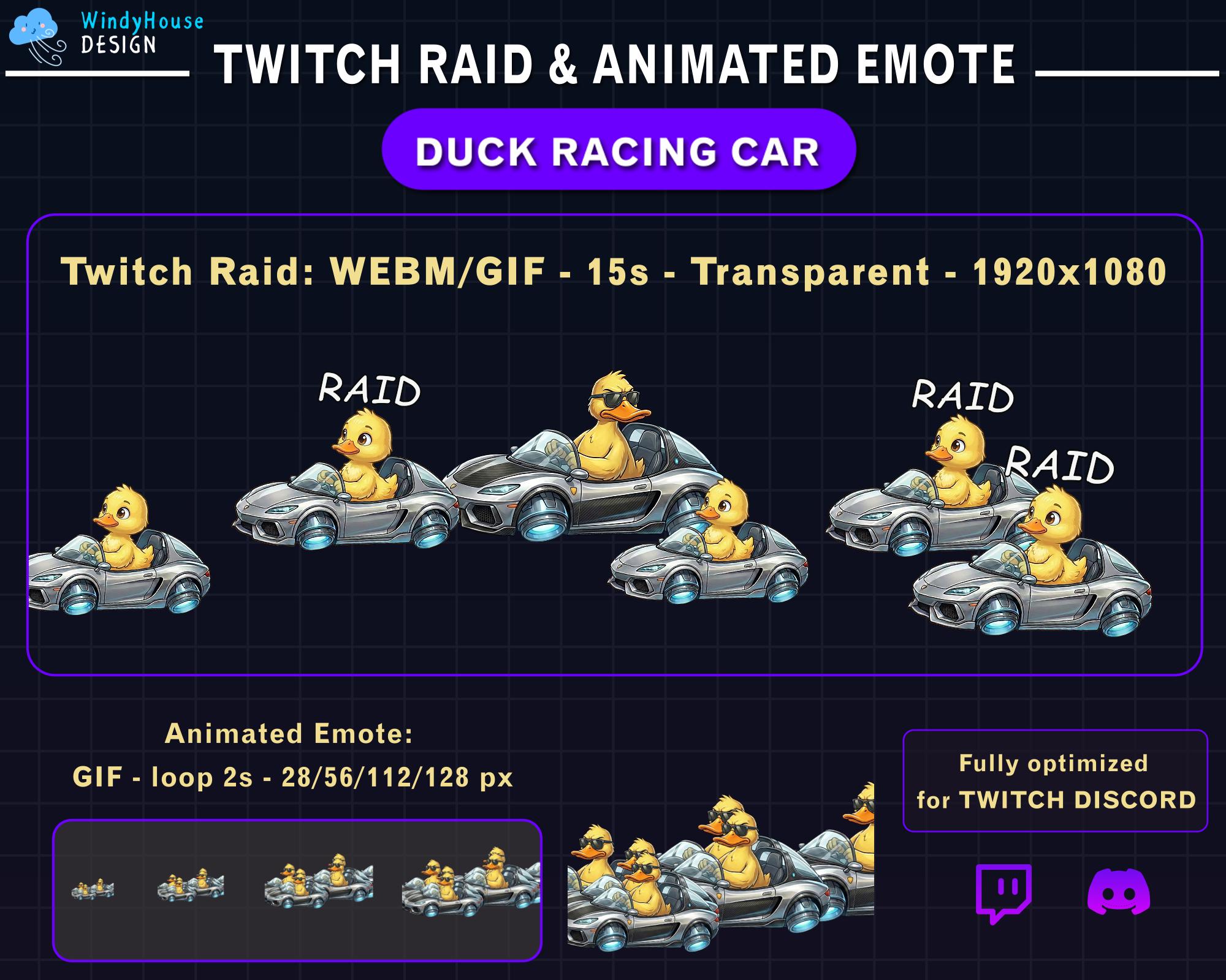 Animated Duck Racing Car Twitch Raid Alert, Adorable Cool Duck Alert ...