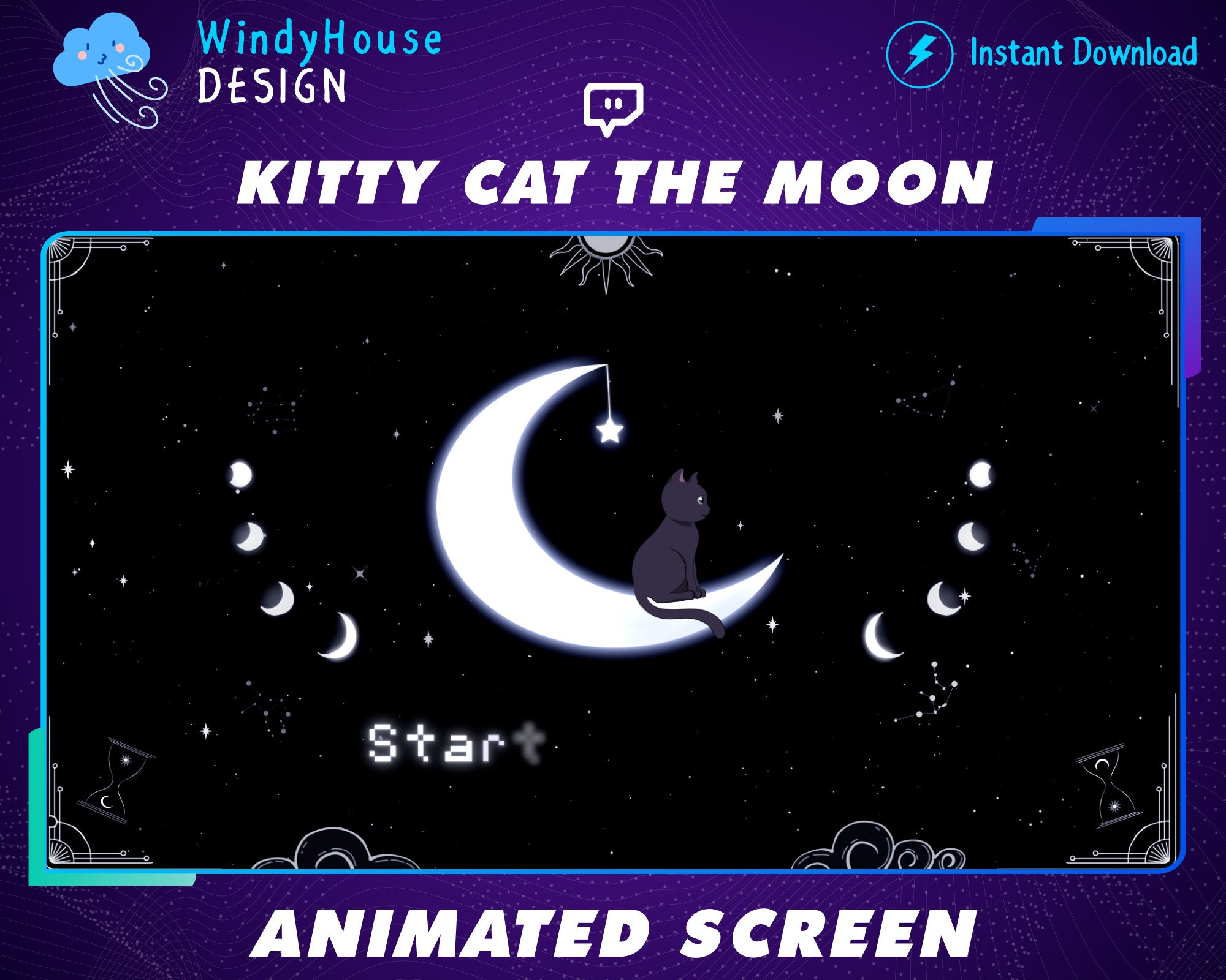 Animated Black Cat Twitch Stream Screen/ Celestial Night Overlays ...