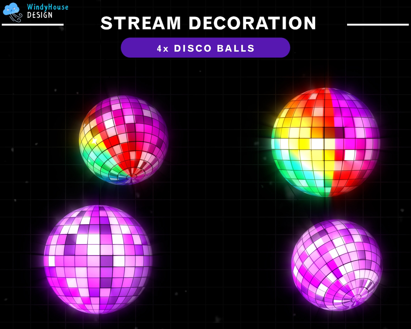 4x Animated Disco Balls Stream Decoration, Colorful Disco Ball Glowing ...