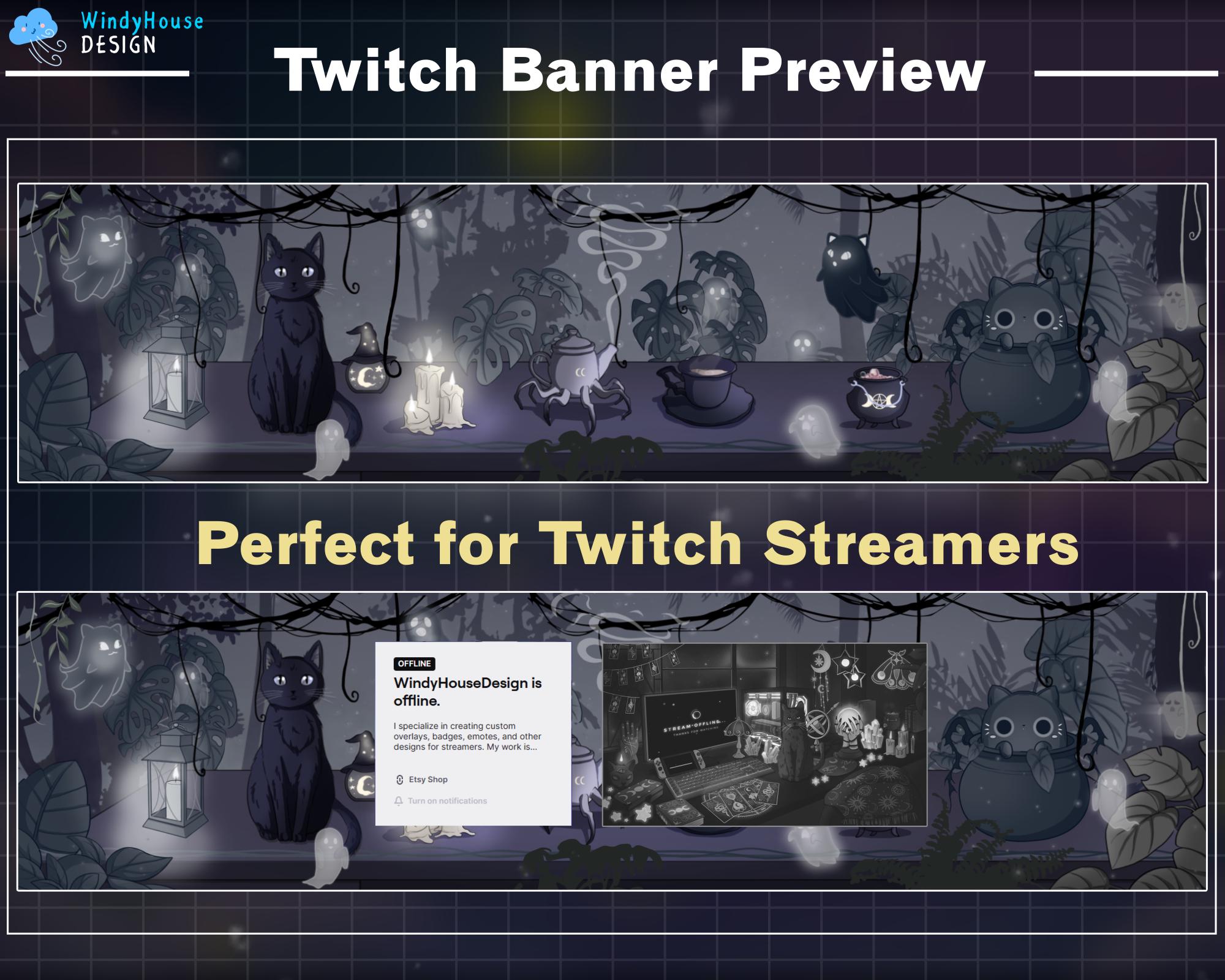4x Black & White Mystic Cat Twitch Stream Banner, Banner for Twitch ...
