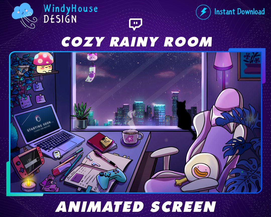 Cozy Rainy Room - Night View of City Twitch Overlay Stream Screen, Cozy ...