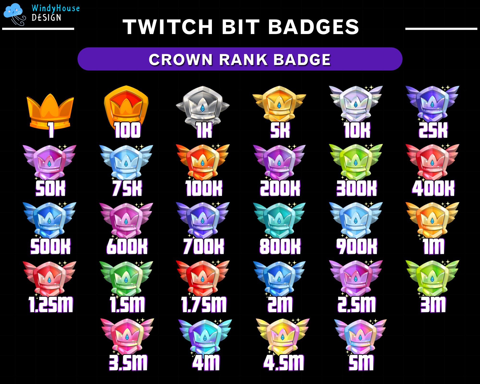 Full Set Metal Crown Twitch Bit Badges, Ranking Twitch Bit Badges Set ...