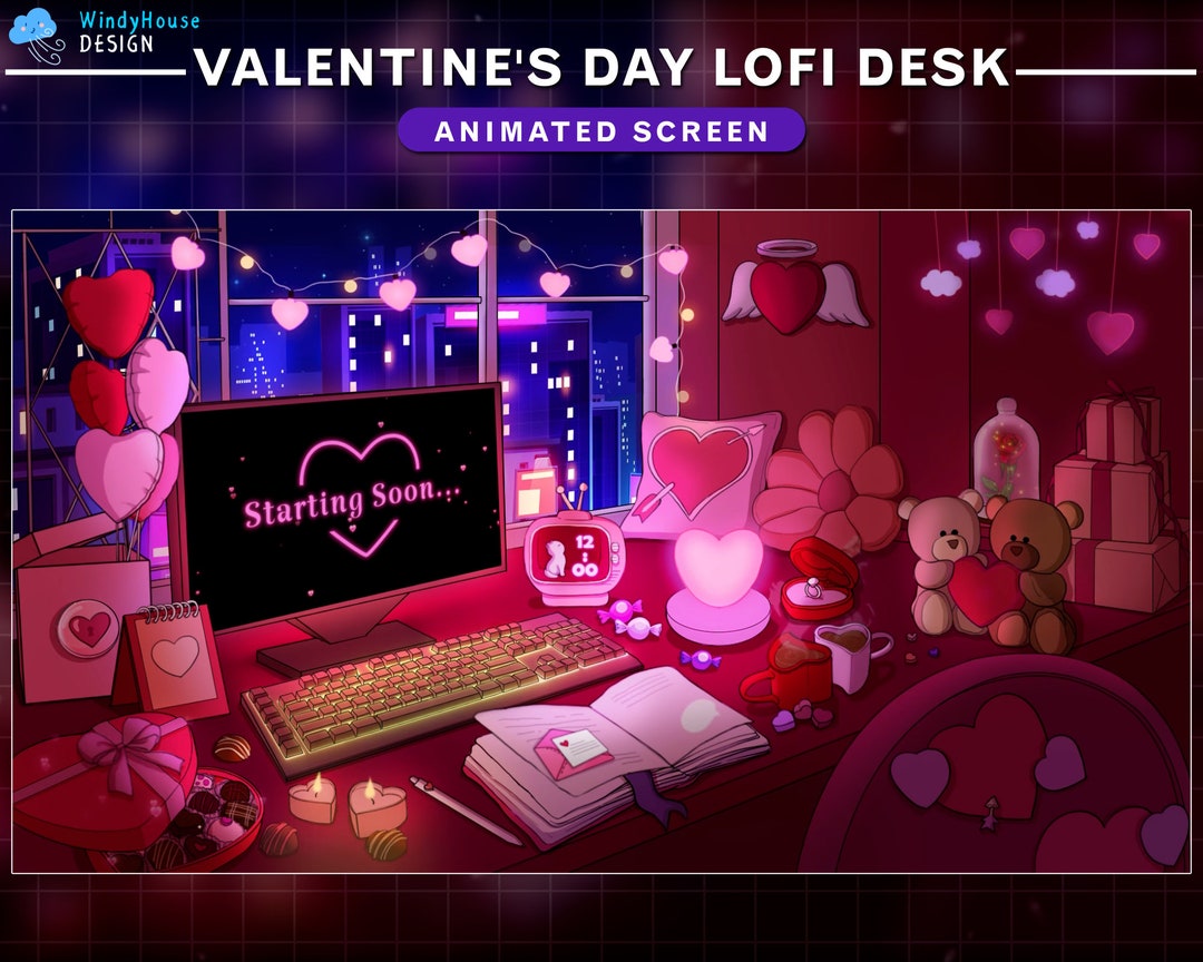 Animated Cozy Aesthetic Pink Lo-fi Desk Stream Screens, Valentine ...
