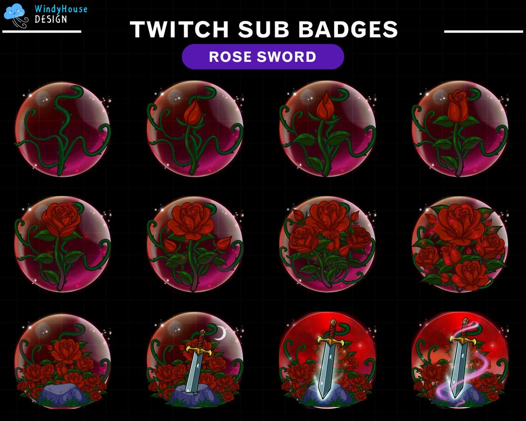 Rose Sword Twitch Sub Badges, Red Roses Badge With Magic Sword, Dark ...