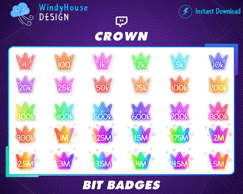 30x Neon Crown Twitch Bit Badgesdiamond Crowns Bit Tier - Etsy