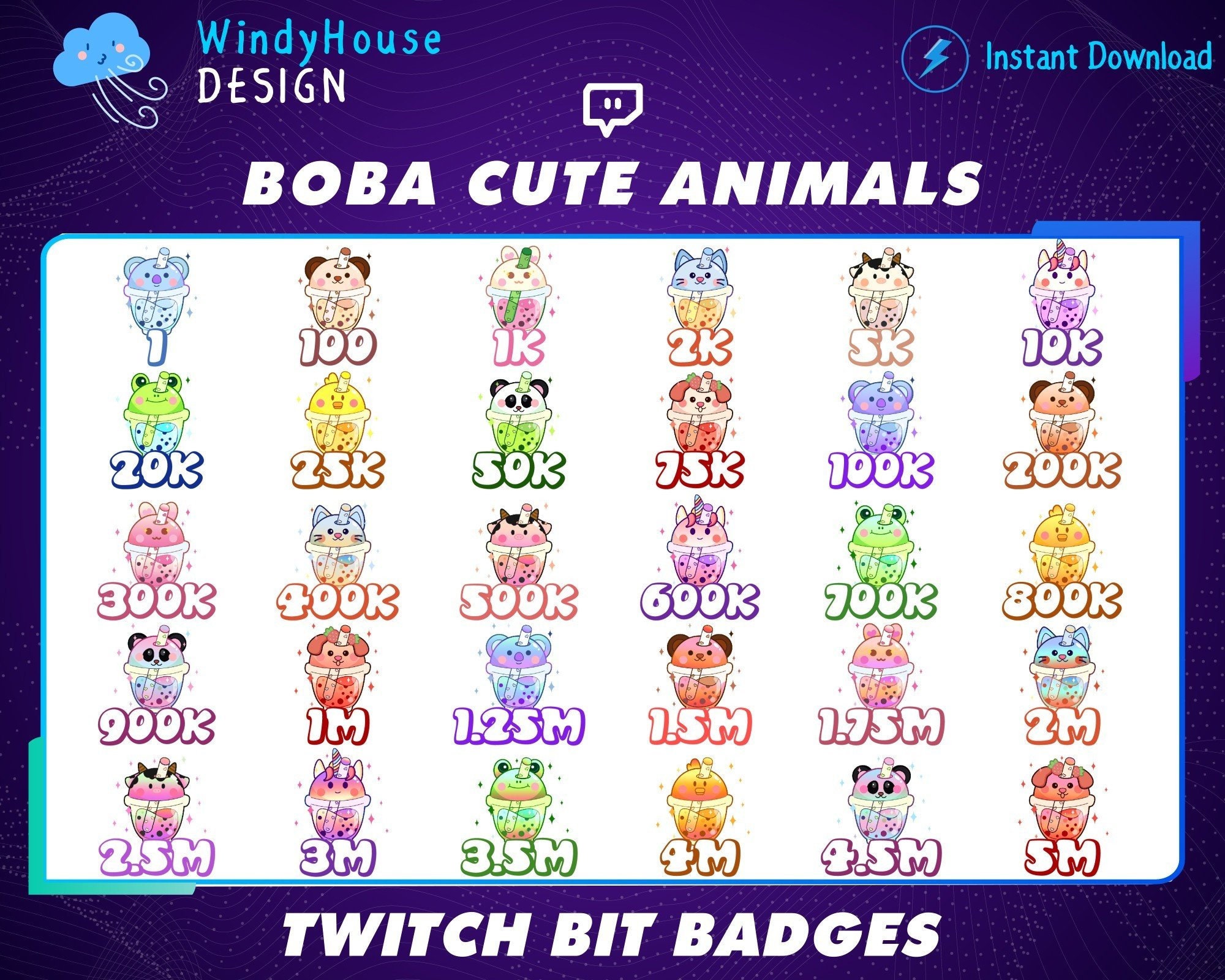 30x Boba Tea Cute Animals Twitch Bit Badges Set, Cute Twitch Bit Badges ...
