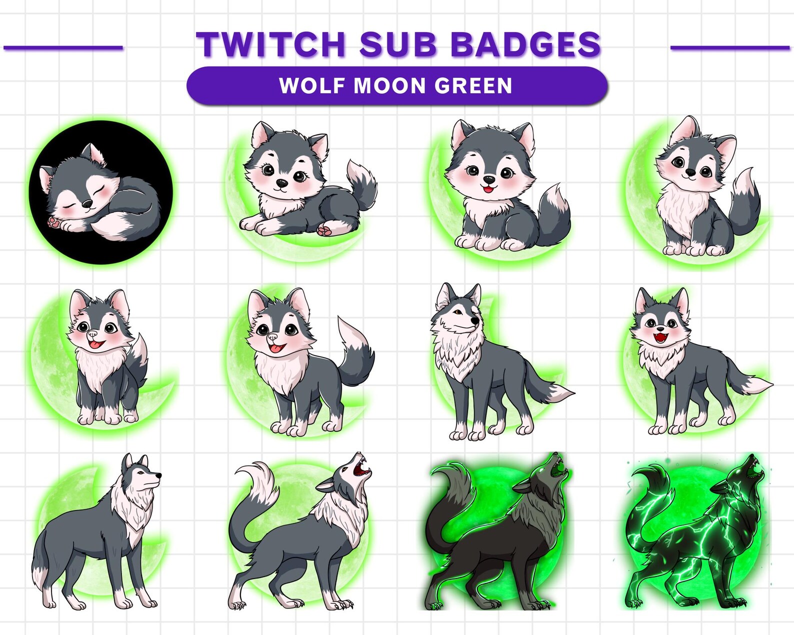 Wolf Moon Green Twitch Sub Badges/ Wolf Twitch Sub Badges Set/ Moon ...
