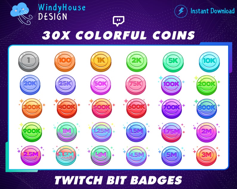 30x Colorful Coins Twitch Bit Badges, Money Bit Badges Set, Twitch Tier ...