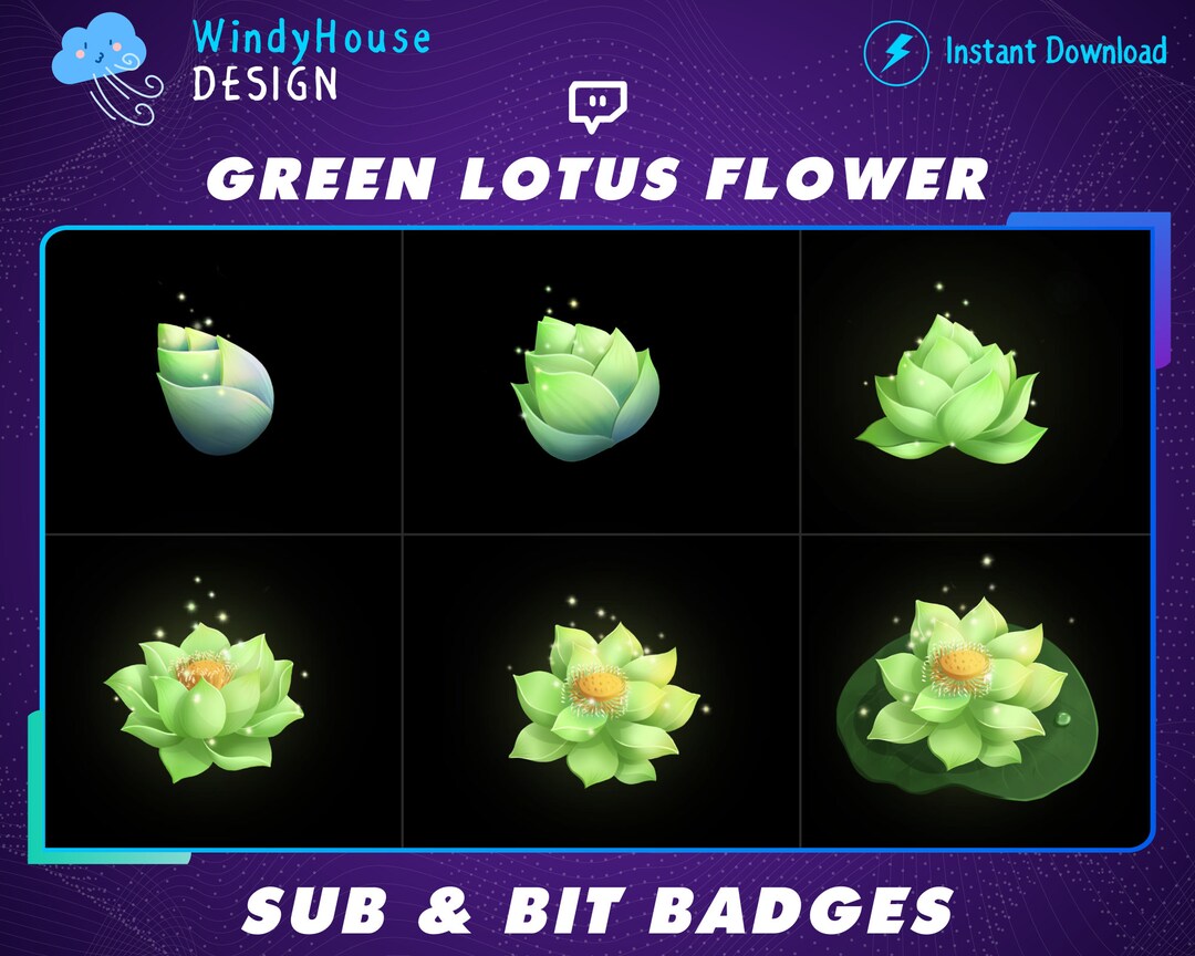 Green Blooming Lotus Flower Twitch Sub/bit Badges, Kawaii Sub Badges ...
