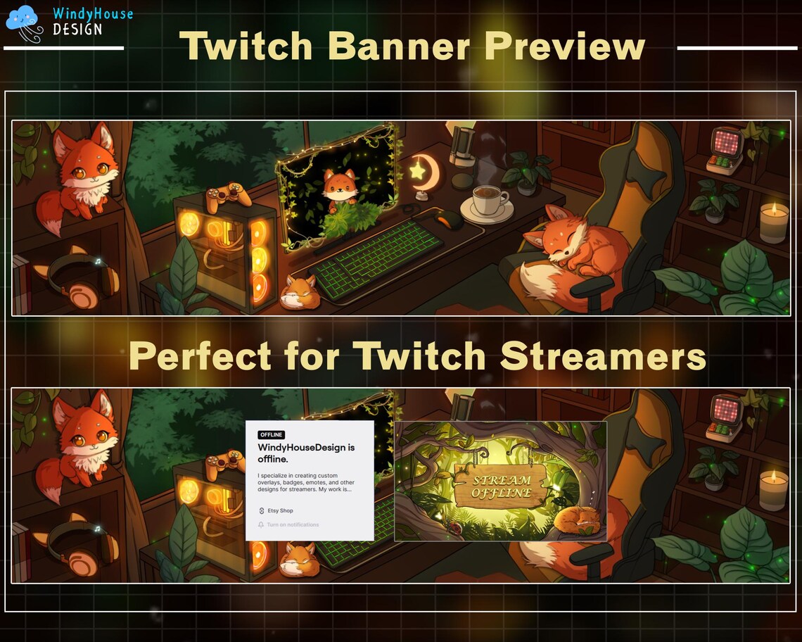 4x Cozy Fox Gaming Room Twitch Stream Banner, Banner for Twitch ...